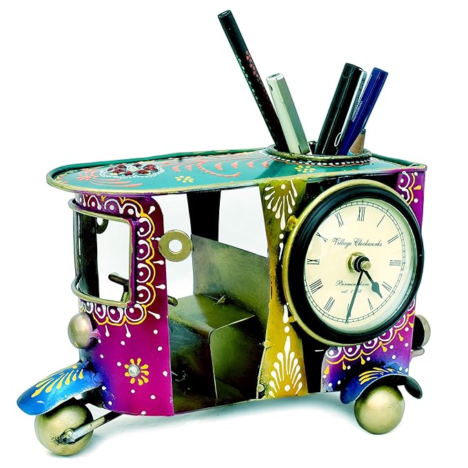 Desk Pen Stand with Table Clock, Decorative Auto Rickshaw Showpiece ...